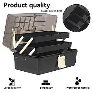 WEWLINE 13-Inch Art Storage Box 3-Layers Plastic Storage Box with Handle Craft Art Bin Portable for Home School Office Travel, Black