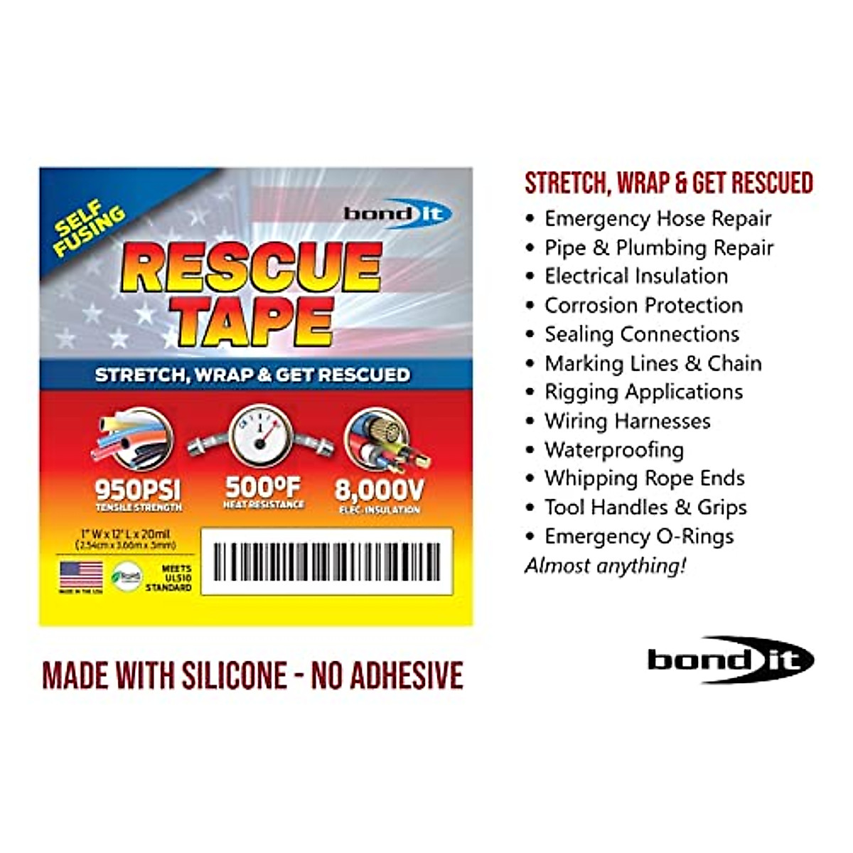 Rescue Tape, Self-Fusing Silicone Tape, Emergency Plumbing Pipe & Radiator Hose Repair, Electrical Insulation, Military Std, 1" x12', Blue