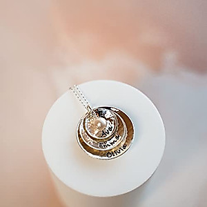 Tripio Personalized Sterling Silver Necklace with 3 Customizable Discs, Hand Finished and Adorned with a Swarovski Pearl. Choice of Sterling Silver Chain. Gifts for Her, Mother, Grandmother, Wife