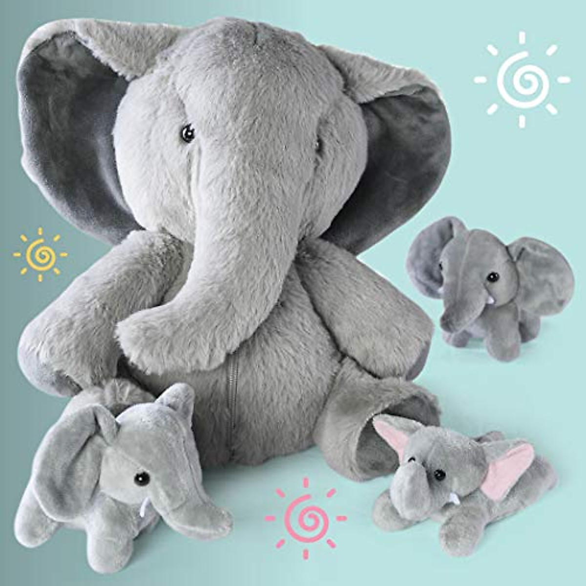PREXTEX Plush Elephant Toys Stuffed Animal w/ 3 Elephant Baby Stuffed Animals - Big Elephant Zippers 3 Little Plush Baby Elephant - Elephant Plush Toys for Kids 3-5 - Great Gift for Elephant Lovers