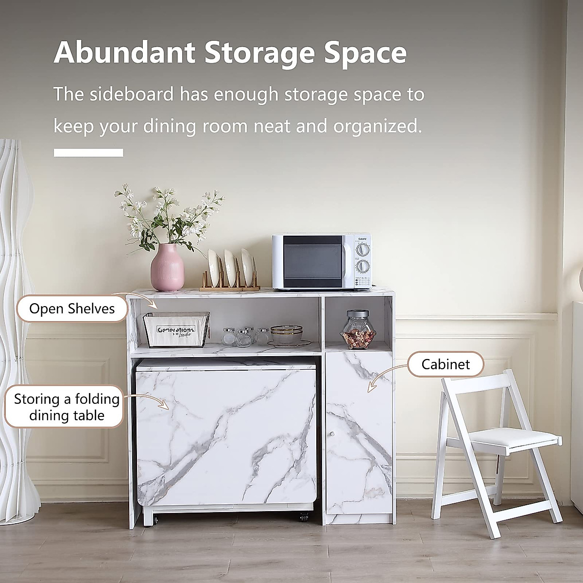 FUNROLUX Folding Dining Table and Sideboard Cabinet Set, Movable Kitchen Table and Buffet Cabinet with Storage Space for Dining Room, Living Room (White)