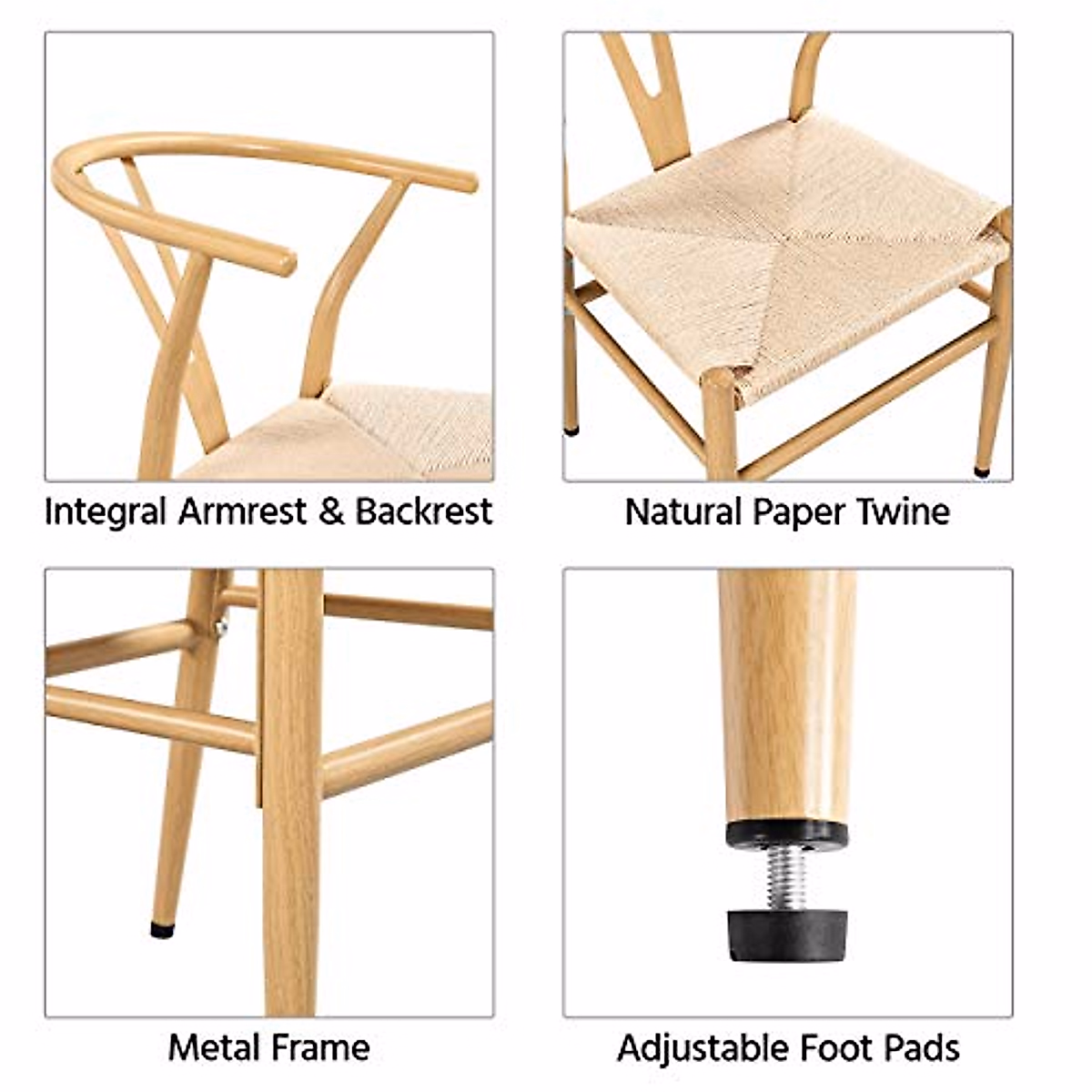 Yaheetech Set of 4 Weave Chair Mid-Century Metal Dining Chair Y-Shaped Backrest Hemp Seat, Wood Color