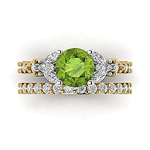 Clara Pucci 2.82 ct Round cut Solitaire 3 stone Natural Peridot Designer Art Deco Statement Wedding Ring Band Set 18K 2 tone Gold 10.5