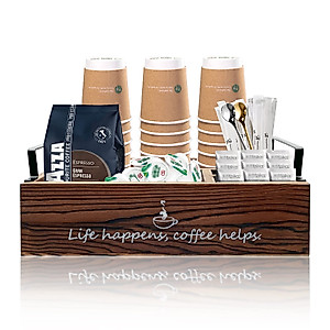 Ismosm Coffee Station Organizer, Farmhouse Coffee Bar Accessories Organizer Basket for Countertop, Office Coffee Station, Wooden Tray for Coffee Supplies and Essentials, Sugar, Syrup,Tea (Brown)