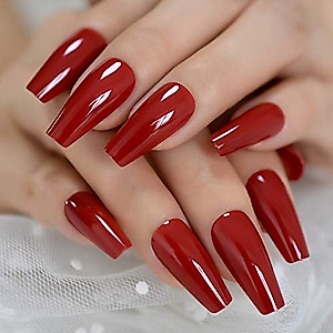 Gorgeous Red Press on Ballet False Nails Long Ruby-red Coffin Ballerina UV Fingersnails Free Adhesive Tapes 24pcs/set