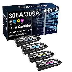4-Pack (BK+C+Y+M) Compatible 3500 3500n 3550 3550n Printer Cartridge Replacement for HP (Q2670A Q2671A Q2672A Q2673A) 308A 309A Toner Cartridge (High Yield)