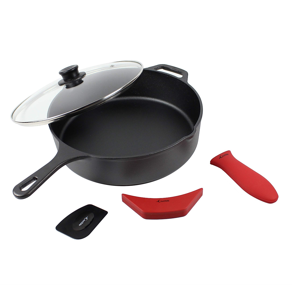 Crucible Cookware 12-Inch Cast Iron Skillet Set (Pre-Seasoned - EXTRA DEEP Sauté Pan), Including Large & Assist Silicone Hot Handle Holders, Glass Lid, Scraper | Indoor & Outdoor Use