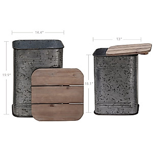 RUSTOWN Farmhouse Accent Side Table, Rustic Storage Ottoman Seat Stool, Galvanized Antique Metal End Table Box Bin with Square Wood Lid, Nesting Pieces Two (Square&Galvanized)