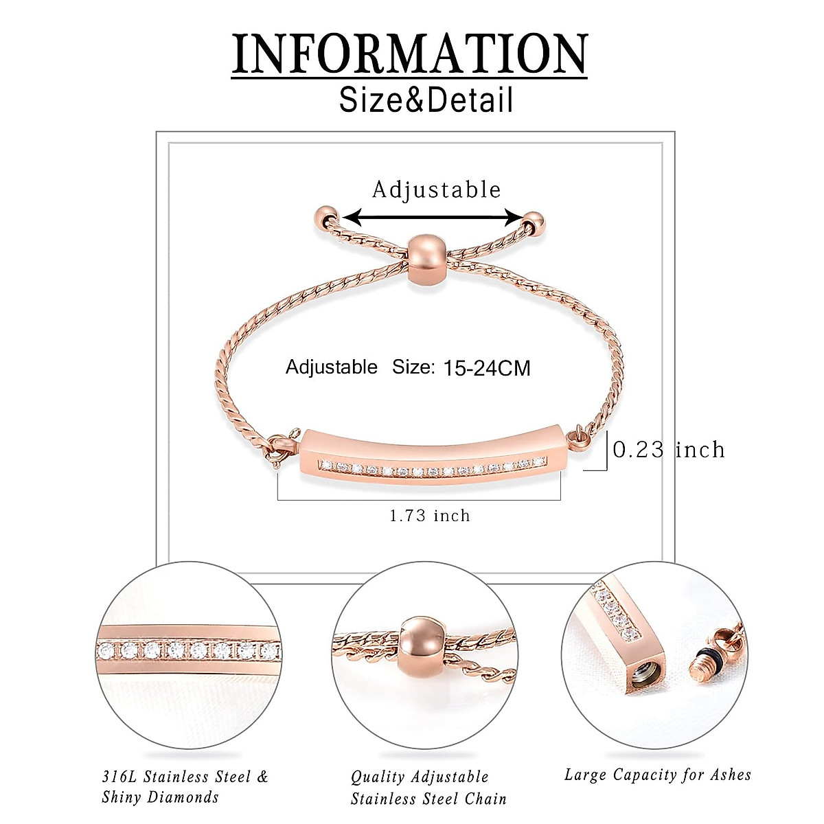 Hearbeingt Memorial Ashes Bracelet,Cremation Jewelry Urn Bracelet for Ashes Adjustable Classic Crystal Keepsake Bangle for Women(Rose Gold)
