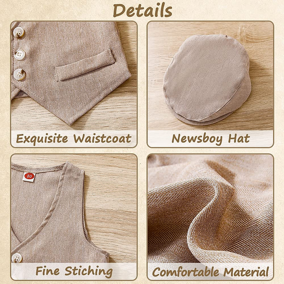 XIFAMNIY Baby Boys Gentleman Outfit 4Pcs Pants and Top Sets Newborn Long Sleeve Romper+ Hat + Vestcoat + Bow Tie 3-24M