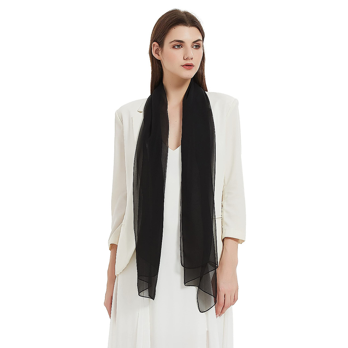 PANTONIGHT Long Chiffon Sheer Scarf For womens (065 plain black)