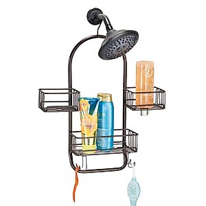 mDesign Modern Metal Wire Bathroom Tub & Shower Caddy, Hanging Storage Organizer Center - 2 Wash Cloth/Razor Hooks, 3 Baskets - for Bathroom Shower Stalls, Bathtubs - Rust Resistant - Bronze