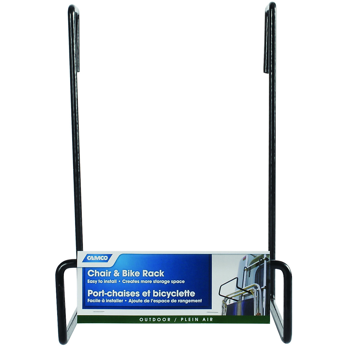 Camco - 21029 Heavy Duty Chair Rack- Hook on RV Ladder to Support Folding Chairs, Picnic Chairs, and Beach Chairs During Travel- Black (51490)