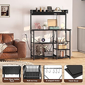 Topfurny Bakers Rack with Power Outlet, Microwave Stand, Kitchen Storage Shelf with Led Lights, Coffee Bar Station with Wine Glass Holder, Kitchen Rack for Spices, Pots, and Pans, Black