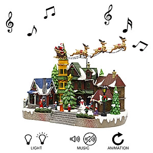 Christmas Village Centerpiece Decor, Santa Riding Sleigh Flying Over The Town Center, with Christmas Tree, featuring LED Lights, Christmas Music, and Animation - Power Adapter (included)