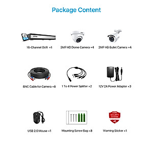 ZOSI Full 1080p 16 Channel Home Security Camera System, H.265+ 16 Channel DVR with Hard Drive 2TB and 8 x 1080p Weatherproof CCTV Bullet Dome Camera Outdoor Indoor,Night Vision, Motion Alert Push