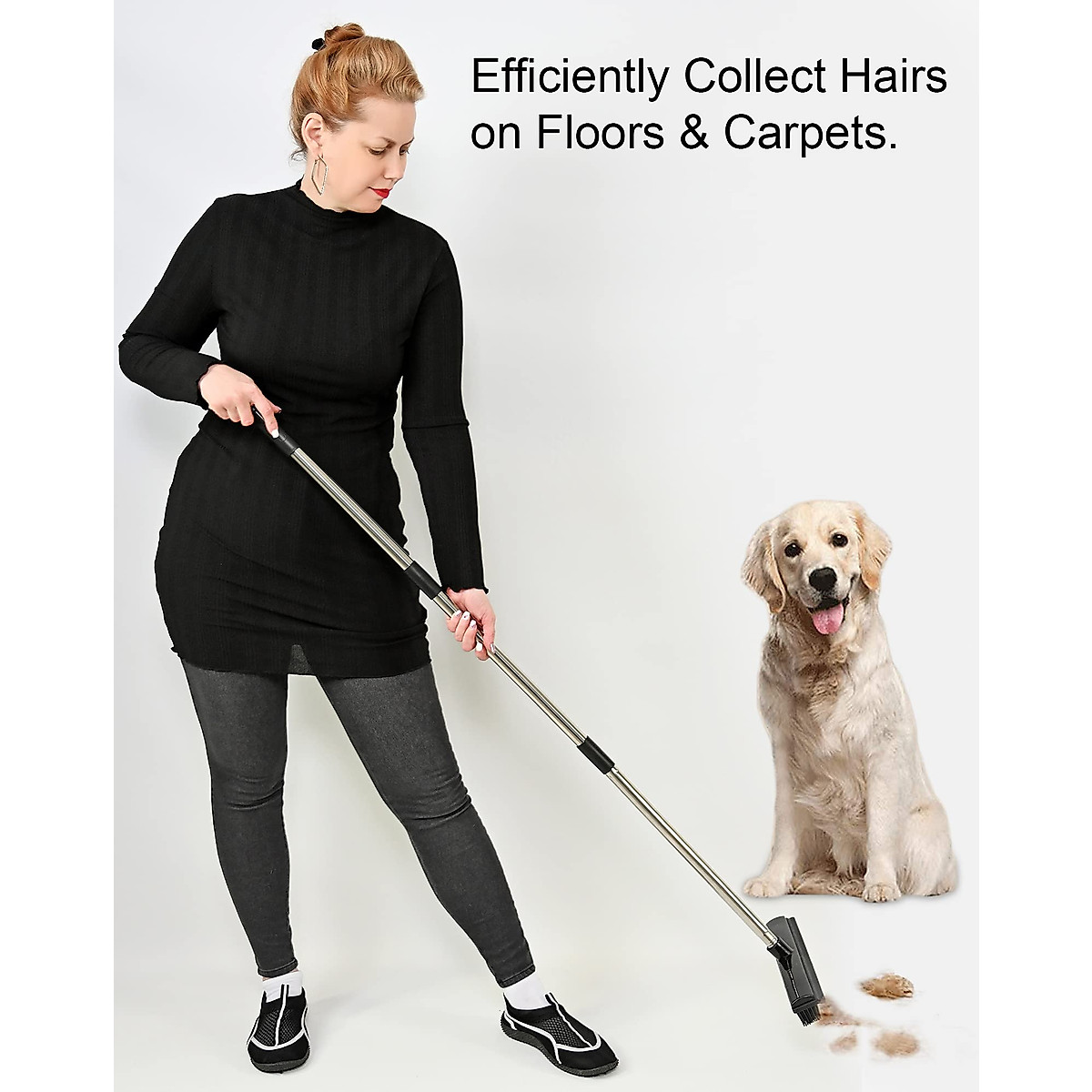 HOME-X Pet Hair Remover Broom, Carpet and Floor Broom, Adjustable Handle Length, Rubber Bristle Sweeper, Long Handled Squeegee, 48 ½” L x 12 ½” W x 2” H