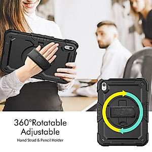 SIBEITU Case for iPad 10th Generation 10.9 Inch 2022 with Screen Protector Pencil Holder, Heavy Duty Protective Case, Rugged Shockproof Cover w/Stand Hand Grip Shoulder Strap for iPad 10th Gen, Black