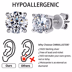 Moissanite Stud Earrings for Women Men, Nickel Free S925 Sterling Silver Hypoallergenic Earrings, 1ct - 2ct D Color VVS1 Clarity Brilliant Round Cut Lab Created Diamond Earring Set Promise Birthday Christmas Gift (Classic 4 prong, 2 carats-(1ct*2)-6.5mm,