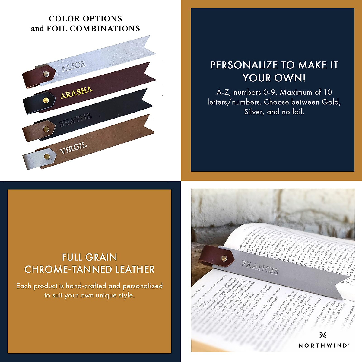 Personalized Leather Bookmark | Great Gifts for Readers! | 6" x 1" Dimensions | Two-Tone, Genuine Leather, Customized, Monogrammed | Made in USA | Free Shipping