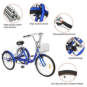 Ktaxon Adult Tricycle, Three-Wheeled Bicycles, Cargo Tricycle with 24/26 Inch Wheel Options, Large Basket, 7 Speed, Low Step-Through High Carbon Steel Frame and Rubber Tires(26In Blue)