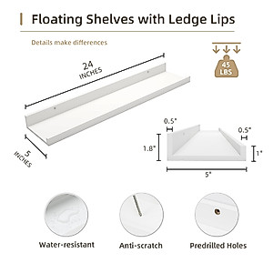 Acovy Picture Ledge Shelf, Wood Floating Shelves Set of 4, 24 inch Picture Ledge Shelves, Photo Ledge Nursery Book Shelves Wall Mounted for Living Room Kids' Room Bedroom, Color White