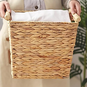 Wicker Trash Basket with Wooden Handles | Wicker Bathroom Trash Can | Woven Trash Can | Wicker Waste Basket for Bathroom, Bedroom, Living Room, Office