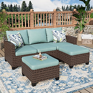 MIXPATIO 3 Pieces Wicker Patio Furniture Set, Rattan Outdoor Conversation Set with 3-Seater Sofa, 2 Pieces Ottomans, Blue