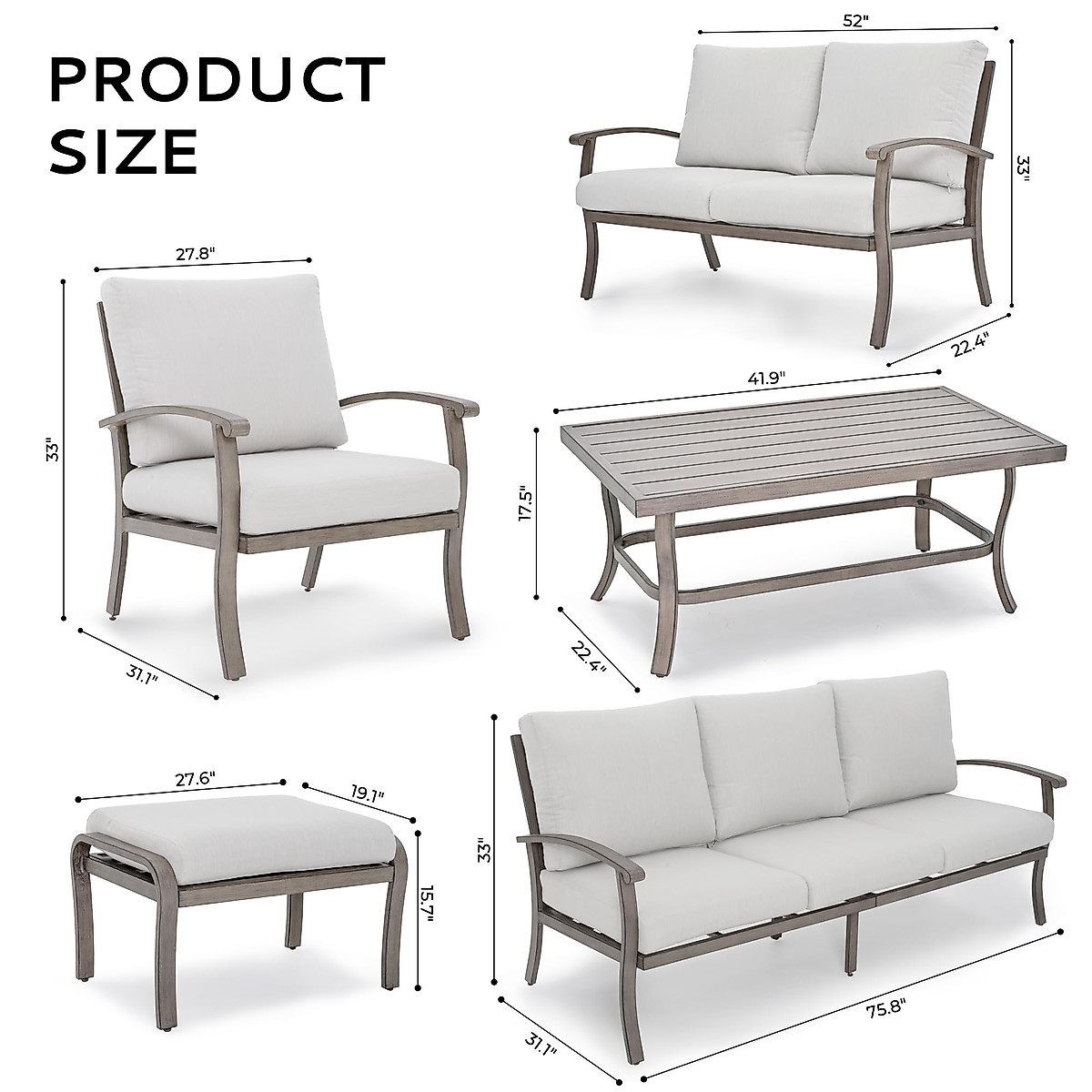 LUXIJOY Aluminum Patio Furniture Set 7 PCS, Sectional Loveseat 3 Seat Sofa Couch and Armchairs with Cushion and Ottomans, Outdoor Conversation Set with Coffee Table for Pool Yard Deck, Grey