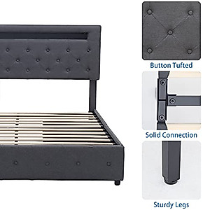 Full LED Bed Frame with Drawers, Upholstered Platform Bed Frame Full Size with Adjustable Button Tufted Headboard and 2 USB Ports, Solid Wooden Slats Support, Dark Grey