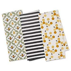 Design Imports DII Little Bees Bee Themed Dish Towels, Set of 3 Yellow Black White Green