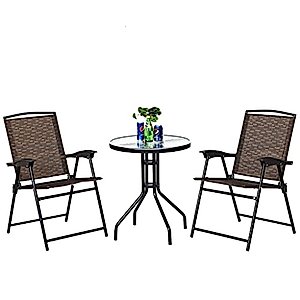 KUJYBG 3PC Bistro Patio Garden Furniture Set 2 Folding Chairs Glass Table Top Steel Round Table
