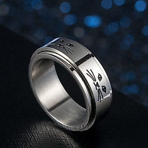 INRENG 8MM Fashion Stainless Steel Cute Kitty Spinner Ring for Men Women Silver Promise Rings Band Cat Face Engraved Size 8