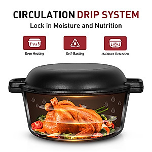 DishDelight 2-in-1 Pre-Seasoned Enameled Cast Iron Dutch Oven Pot with Lid and Dual Handles, Cast Iron Skillet Cookware Pan Set with Skillet Lid Cooking Pan, Dutch Oven for Bread Baking, 5QT, Black