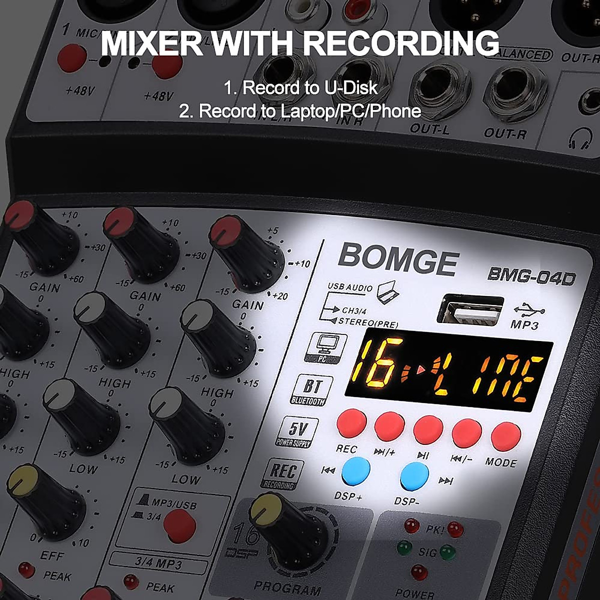 BOMGE 4 Channel dj Bluetooth Audio Mini Mixer with Effects, USB Interface, Stereo Recording, 48V Phantom Power for PC,phone(White)