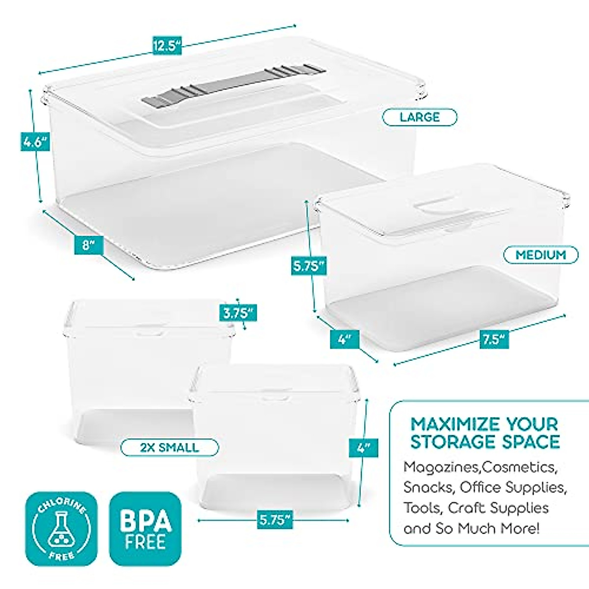 Richards Homewares Clear Plastic Storage Bins-Set of 4 Large, Medium, Small Containers for Closet Fridge Organization, 4 Count