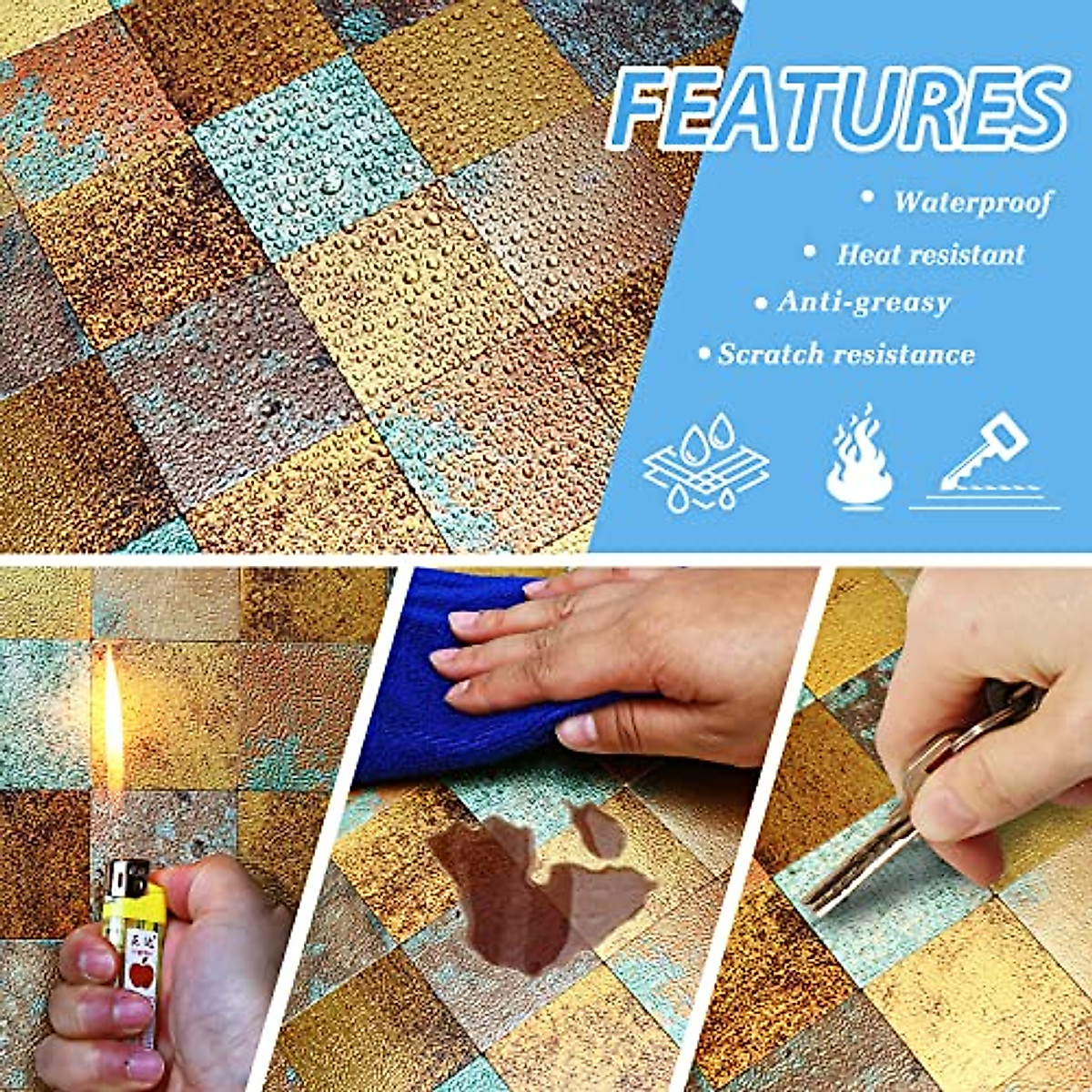 HomeyMosaic Peel and Stick Backsplash Tile Stick on Kitchen Fireplace Bathroom Plaid in Rust Retro Copper,5-Sheet