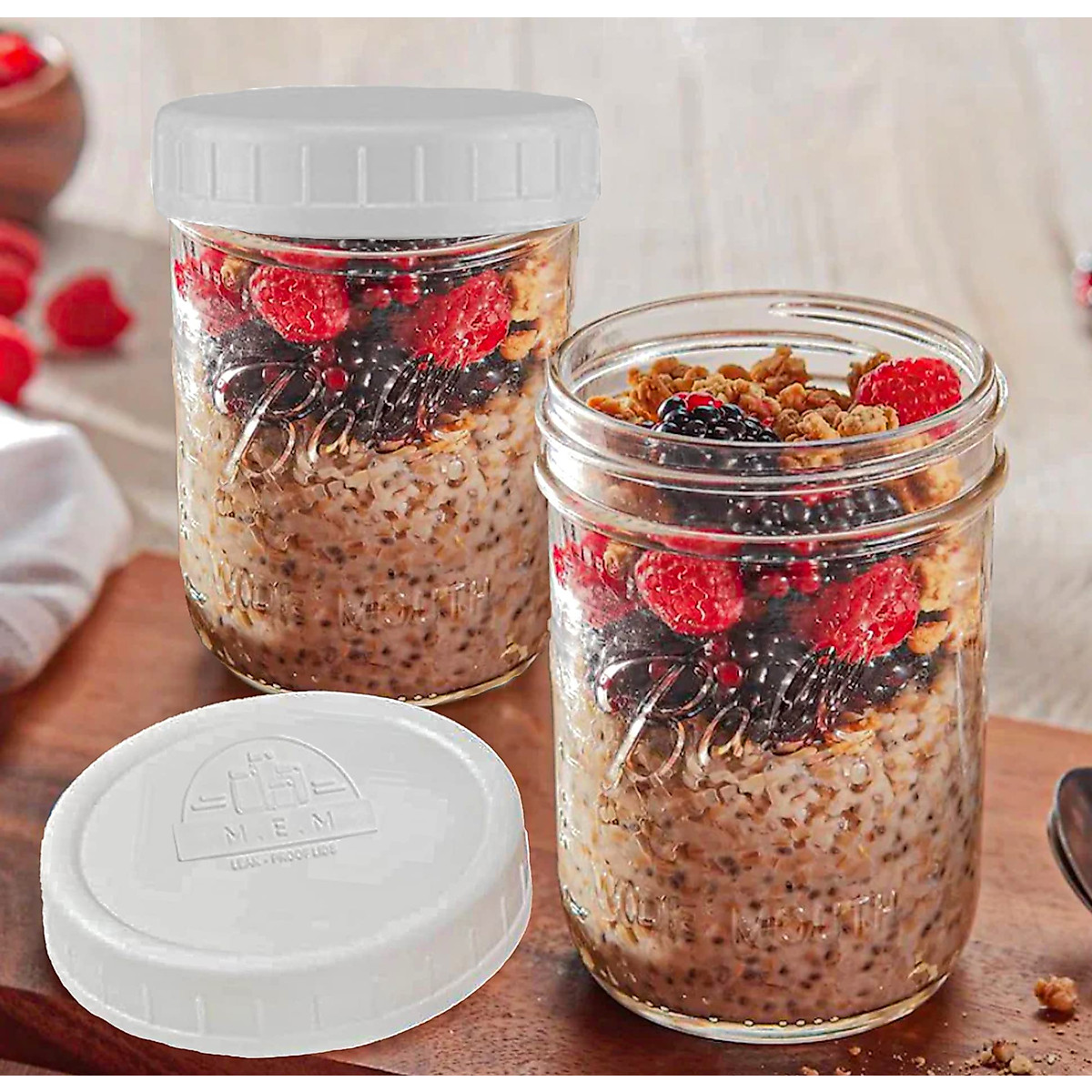Wide Mouth Mason Jars 16 oz - (2 Pack) - Ball Wide Mouth 16-Ounces Pint Mason Jars with White M.E.M Food Storage Plastic Lids, Caps Fit Ball and Kerr Wide Mouth - For Storage, Freezing, Leak Proof,