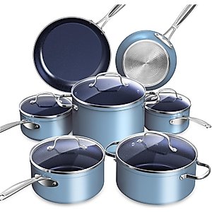 Nuwave Healthy Duralon Blue Ceramic Nonstick Cookware Set, Diamond Infused Scratch-Resistant, PFAS Free, Dishwasher & Oven Safe, Induction Ready & Evenly Heats, Tempered Glass Lids & Stay-Cool Handles