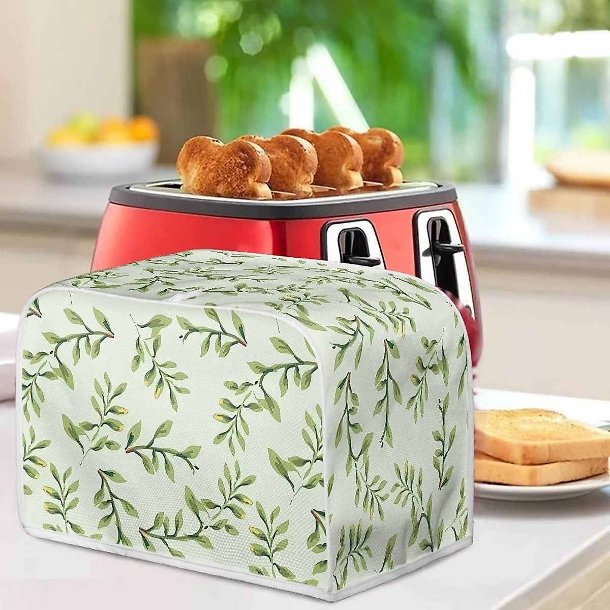 NETILGEN Toaster Dust Cover 4 Slice, Microwave Toaster Oven Grill Cover Stain Resistant Dustproof Kitchen Small Appliance Cover with Top Handle for Kitchen, Green Leaf