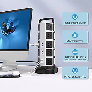 Power Strip Tower Surge Protector 1050J, JACKYLED 20 AC Outlets 6 USB Ports, 3000W 13A Desktop Electrical Charging Station, 6.5ft Heavy Duty Extension Cord, for Home, Office, Garage, White Black