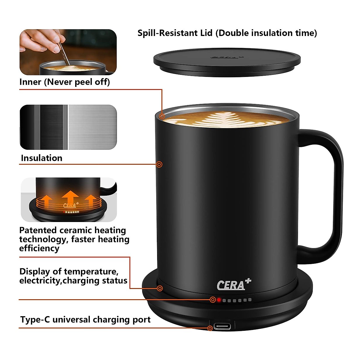 Temperature Control Smart Mug with Lid, 14oz, Self Heating, 1.5-hr Battery Life + Type-C Charging Coaster，APP or Manual Controlled, On/Off Time Preset by APP, Double Layers S.S, Gift-Packing