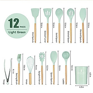 SHUNIKING Kitchen Silicone Utensil Set,12 Pcs Non-Stick Cooking Utensils With Wood Handles,Kitchen Spatula Cookware Set for High Heat Resistant Gadgets (Green) (Kitchenware-1)