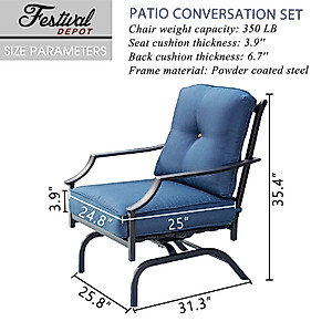 Festival Depot Patio Dining Chair Set of 2 Metal Armchairs with Thick Cushions Outdoor Furniture for Bistro Garden (Blue)