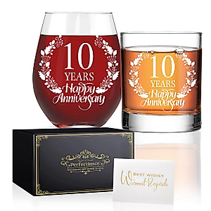 Perfectinsoy 10 Years Happy Anniversary Whiskey Glass and Stemless Wine Glass Gift Set, 10th Anniversary Wedding Gift For Mom, Dad, Soulmate, Couple, 10 Years Gifts, Happy 10th Anniversary