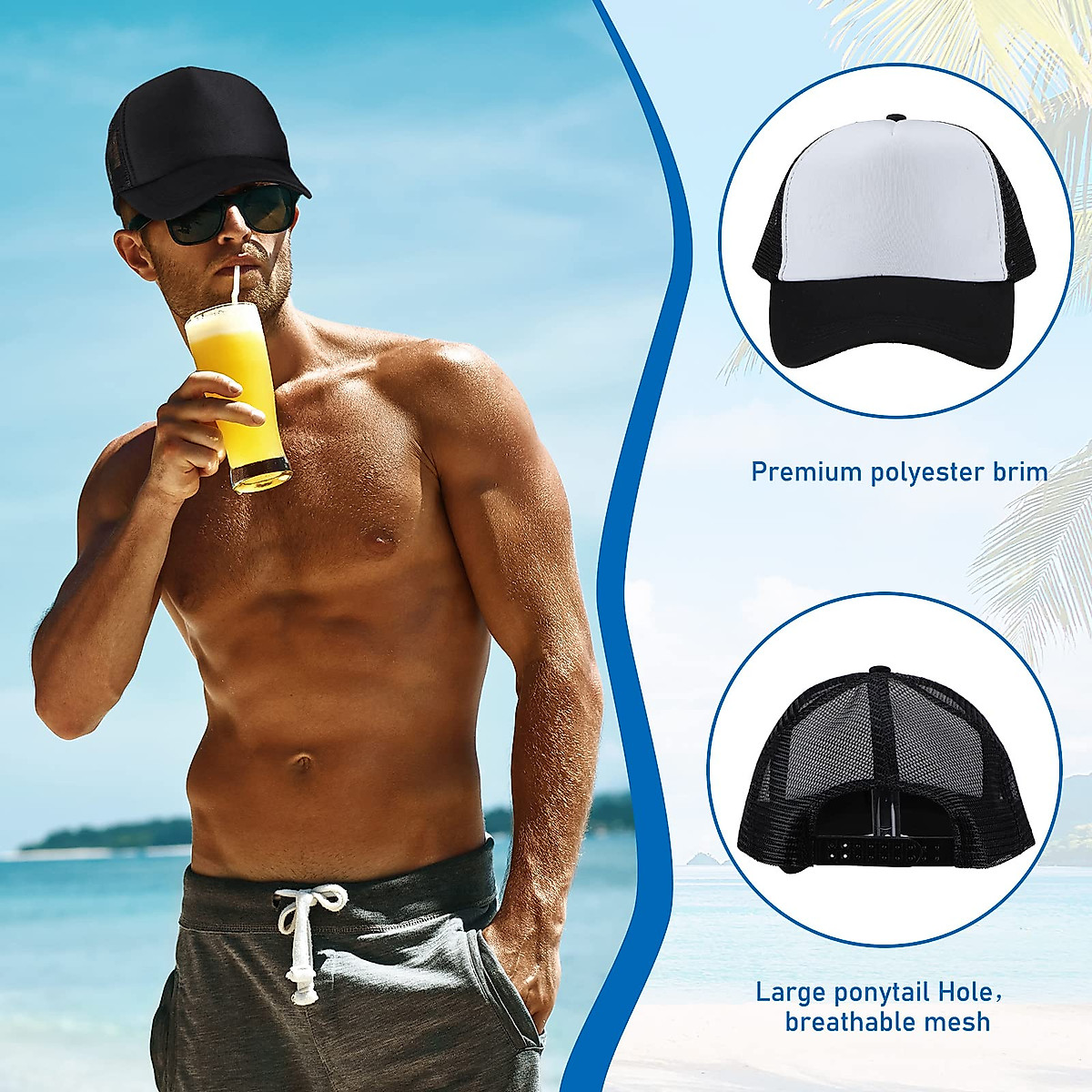 Lasnten 48 Pack Unisex Blank Trucker Hats Sublimation Baseball Caps Adjustable Plain Polyester Mesh Cap Bulk for DIY Printing (Black, White)