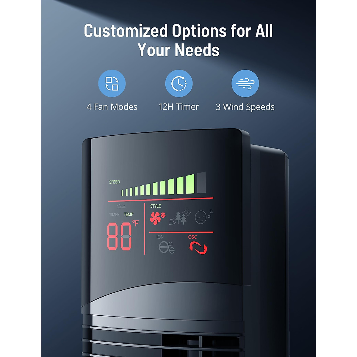 Mirdred Tower Fan with Remote, 36” Bladeless Fan, 70° Oscillating Fan for Bedroom, 3 Speeds, 3 Modes, 12H Timer, LED Display, Quiet Cooling Standing Floor Fans for Home Living Room Office, Black