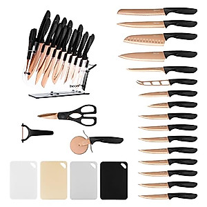 hecef 25 PCS Rose Gold Titanium Plated Kitchen Knife Set with Block and Cutting Mats, Cutlery Knife Set with Sharp Serrated Steak Knives, Boning Knife, Scissors, Sharpener, Peeler and Acrylic Stand