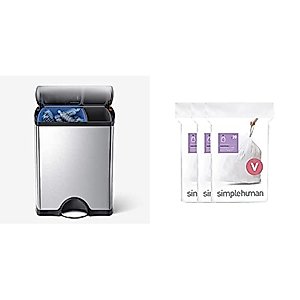 simplehuman Rectangular Dual Compartment Recycling Kitchen Step Trash Can, 46 Liter, Brushed Stainless Steel & Code V Custom Fit Drawstring Trash Bags, 16-18 Liter / 4.2-4.8 Gallon, White, 60 Count