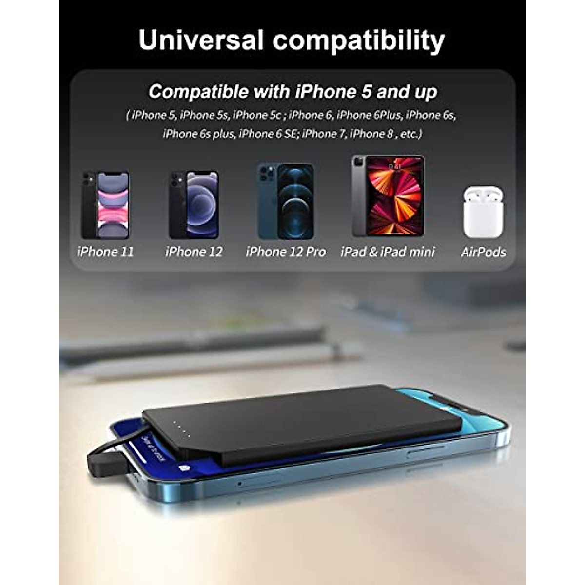 TNTOR Portable Power Charger Ultra Thin Power Bank Built in Cable 5000mAh Wallet & Pocket Size [only 0.24 inch] Slim Compact External Battery Charger Compatible with iPhone